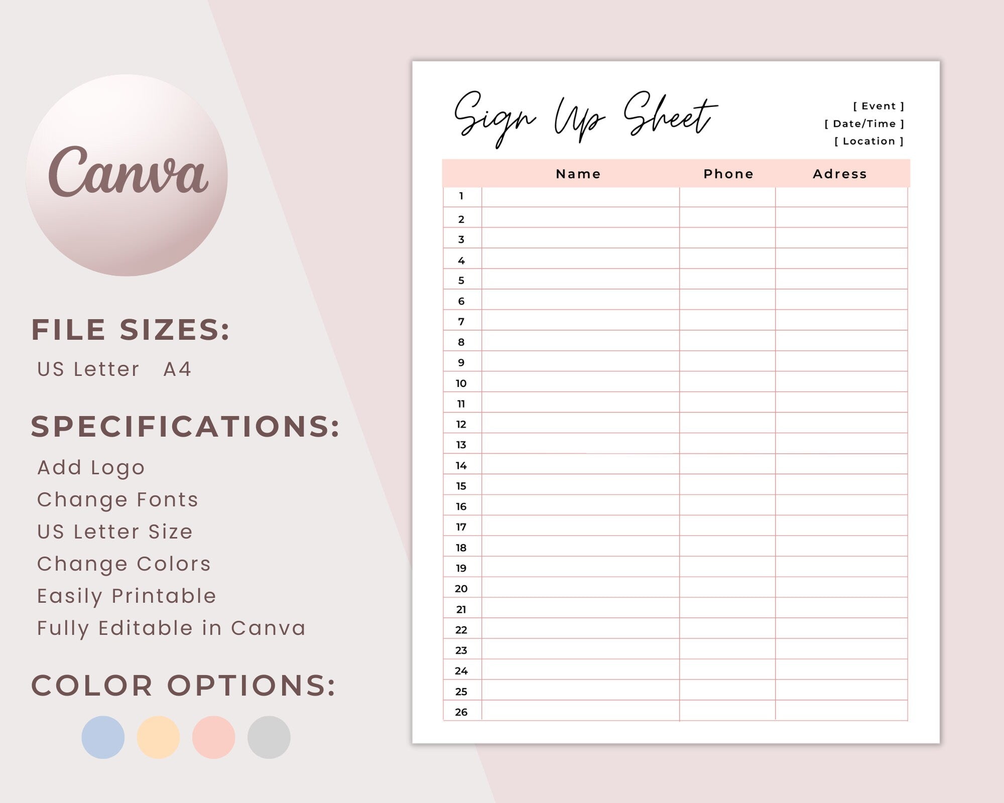 Sign Up Sheet Contact Detail Form Template, Editable Sign Sheet, Custo