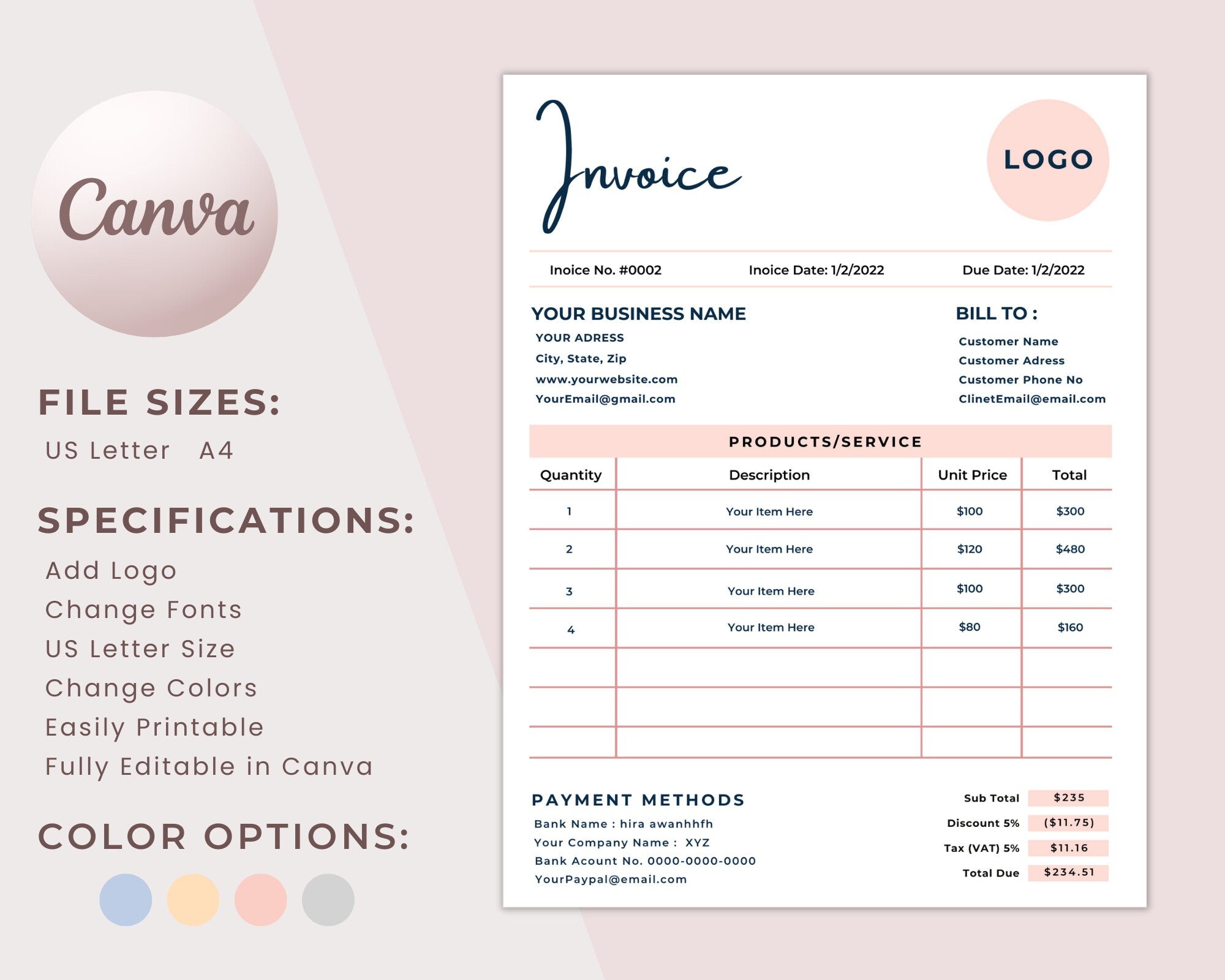 Digital Invoice Template, Invoice Template Editable, Receipt Templates