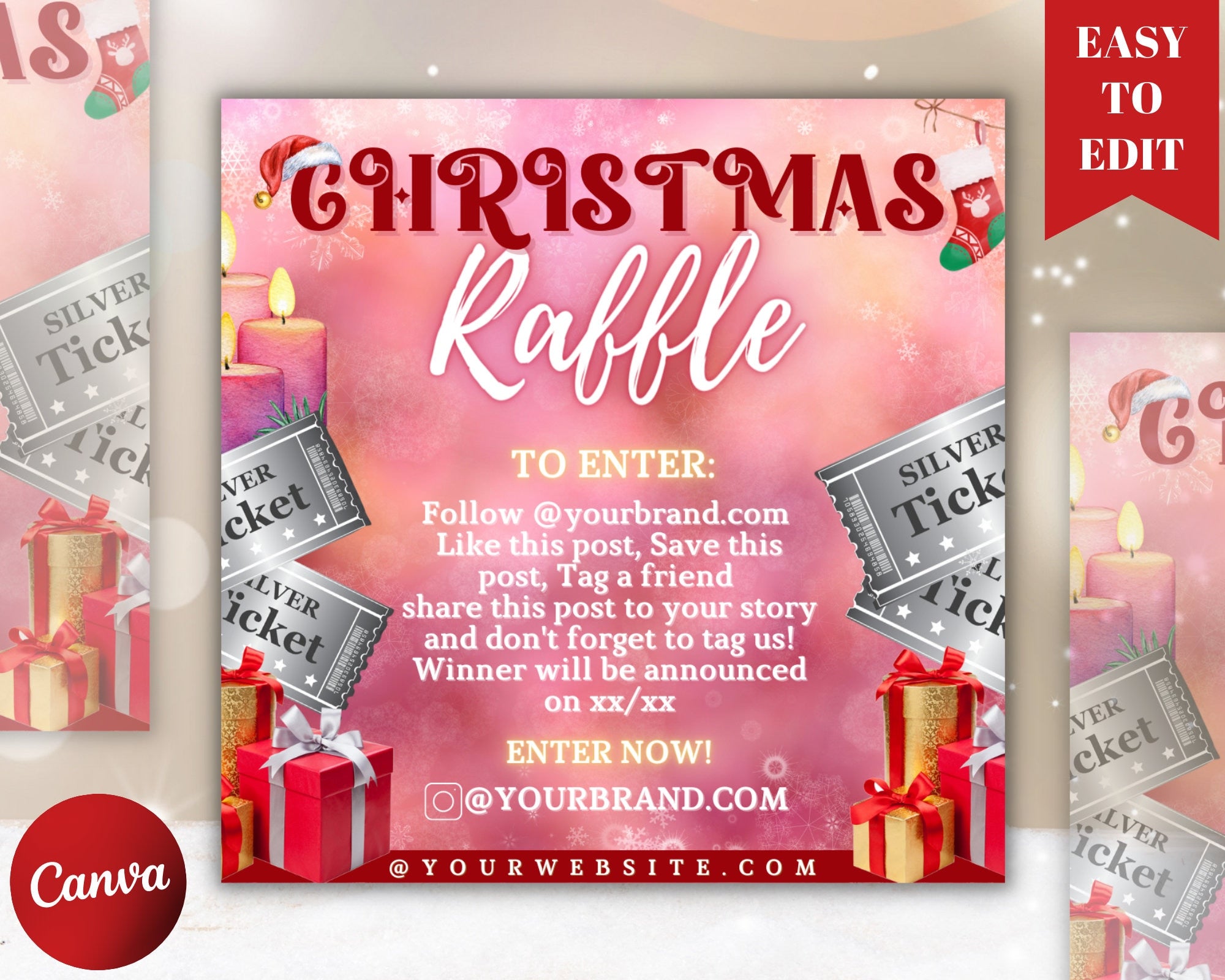 Editable Christmas Raffle Ticket Flyer Template, Giveaway Flyer, Conte
